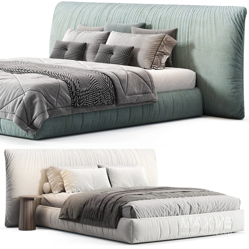 Alix Blue Cotton Linen Fabric Wide Headboard Luxury Bed 3D model Maxve