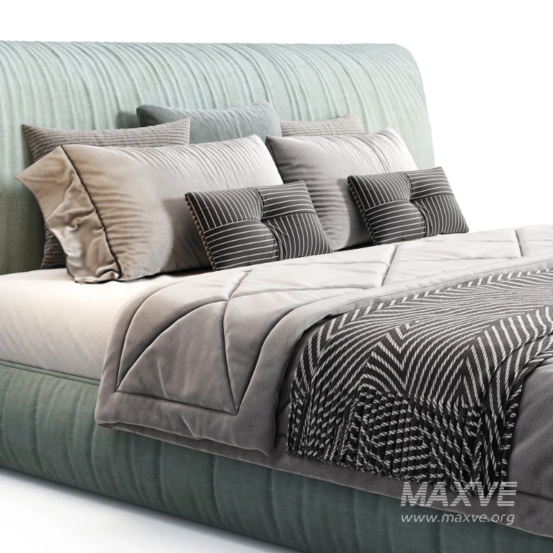 Alix Blue Cotton Linen Fabric Wide Headboard Luxury Bed 3D model Maxve